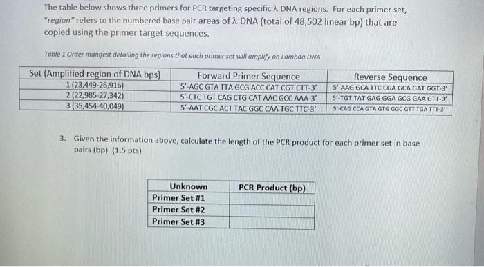 Solved The table below shows three primers for PCR targeting | Chegg.com