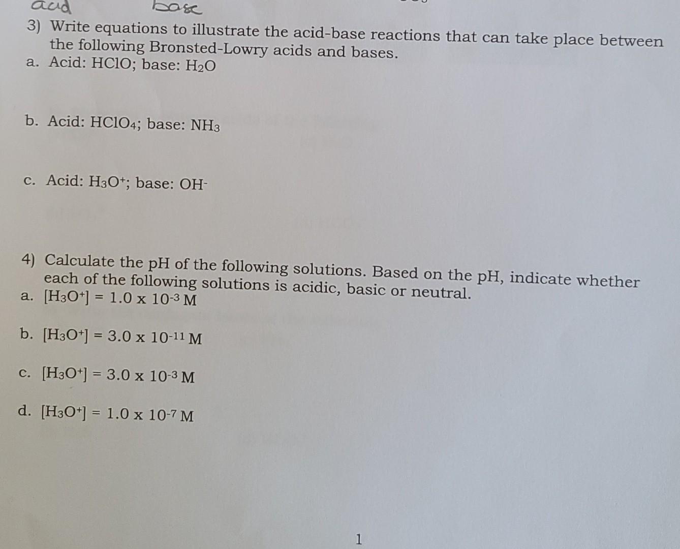 Solved and 3) Write equations to illustrate the acid-base | Chegg.com