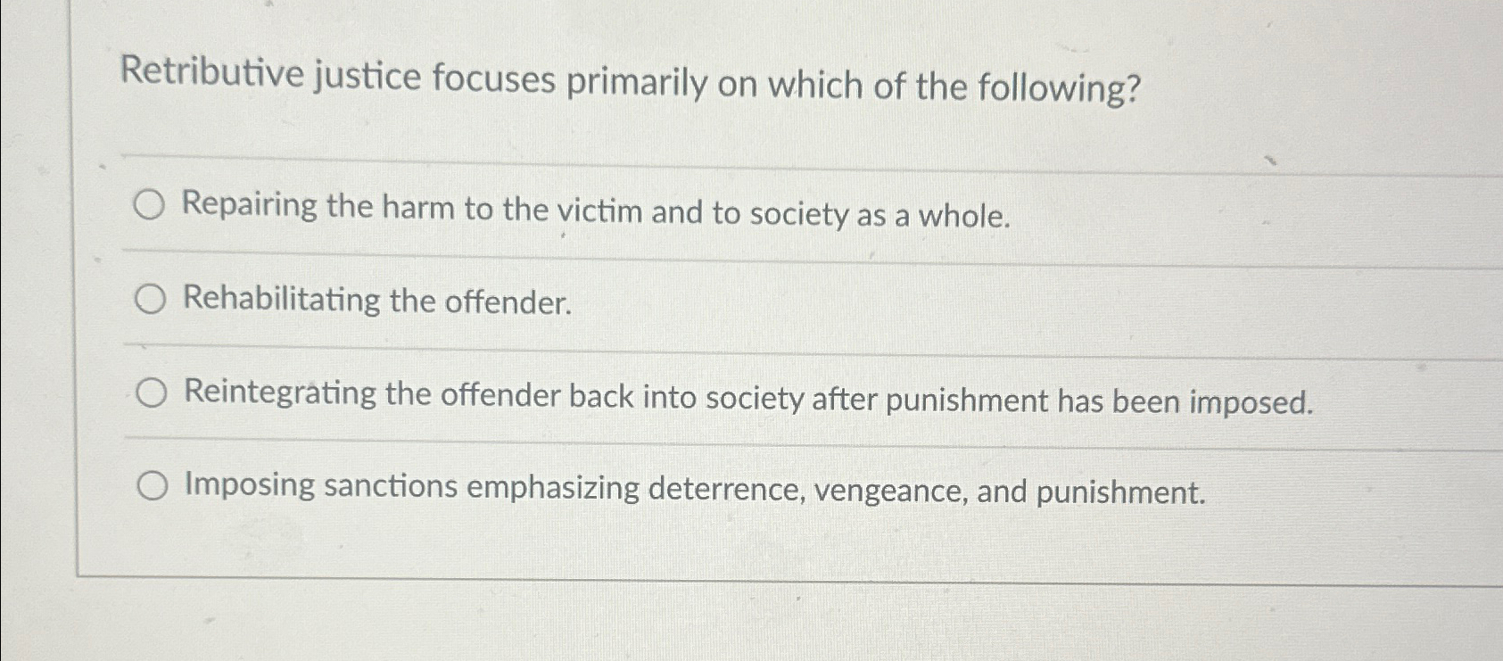 Solved Retributive justice focuses primarily on which of the | Chegg.com