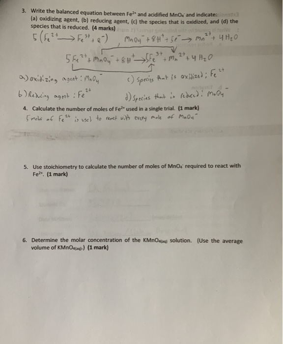 Solved 4. Calculate the number of moles of Fe2+ used in a | Chegg.com Solved 4. Calculate the number of moles of Fe2+ used in a | Chegg.com