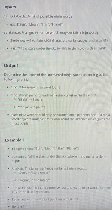 Solved Inputs targetWords: A list of possible ninja words - | Chegg.com