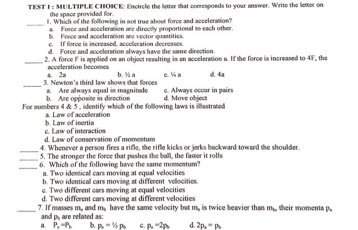 Solved TESTI: MULTIPLE CHOICE: Encircle the letter that | Chegg.com