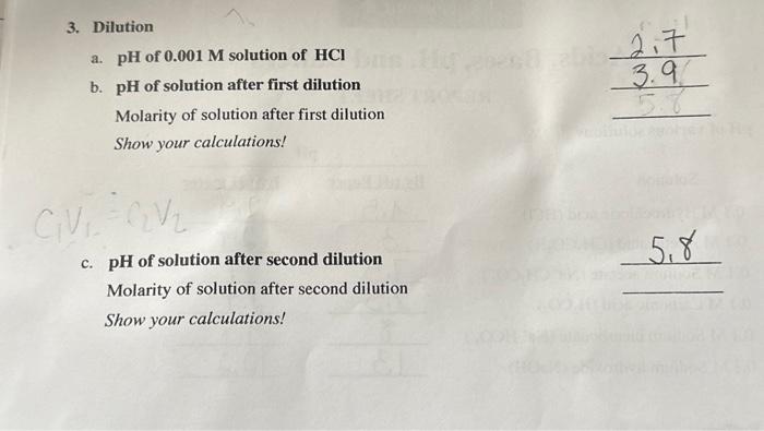 Solved 3. Dilution a. pH of 0.001M solution of HCl b. pH of | Chegg.com