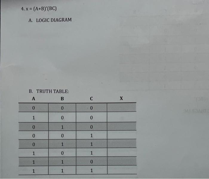 Solved 4. x=(A+B)′(BC) A. LOGIC DIAGRAM B. TRUTH TABLE: | Chegg.com