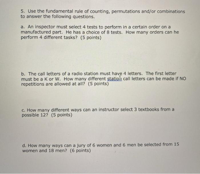 Solved 5. Use the fundamental rule of counting, permutations | Chegg.com