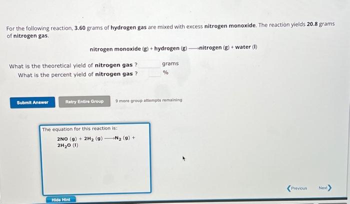 Solved For the following reaction, 3.60 grams of hydrogen | Chegg.com