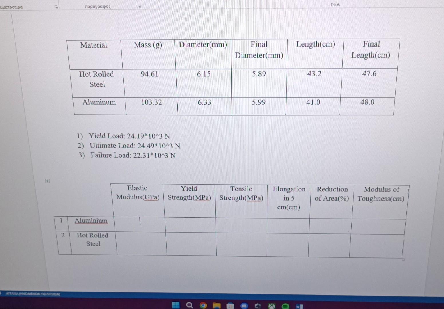 Solved 1) Yield Load: 24.19∗10∧3 N 2) Ultimate Load: | Chegg.com