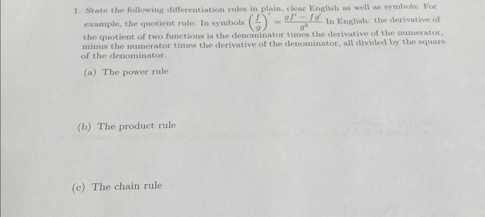 Solved 1. State the following differentiation rules in | Chegg.com