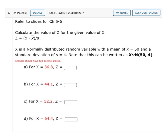 Solved Calculate the value of Z for the given value of X. | Chegg.com