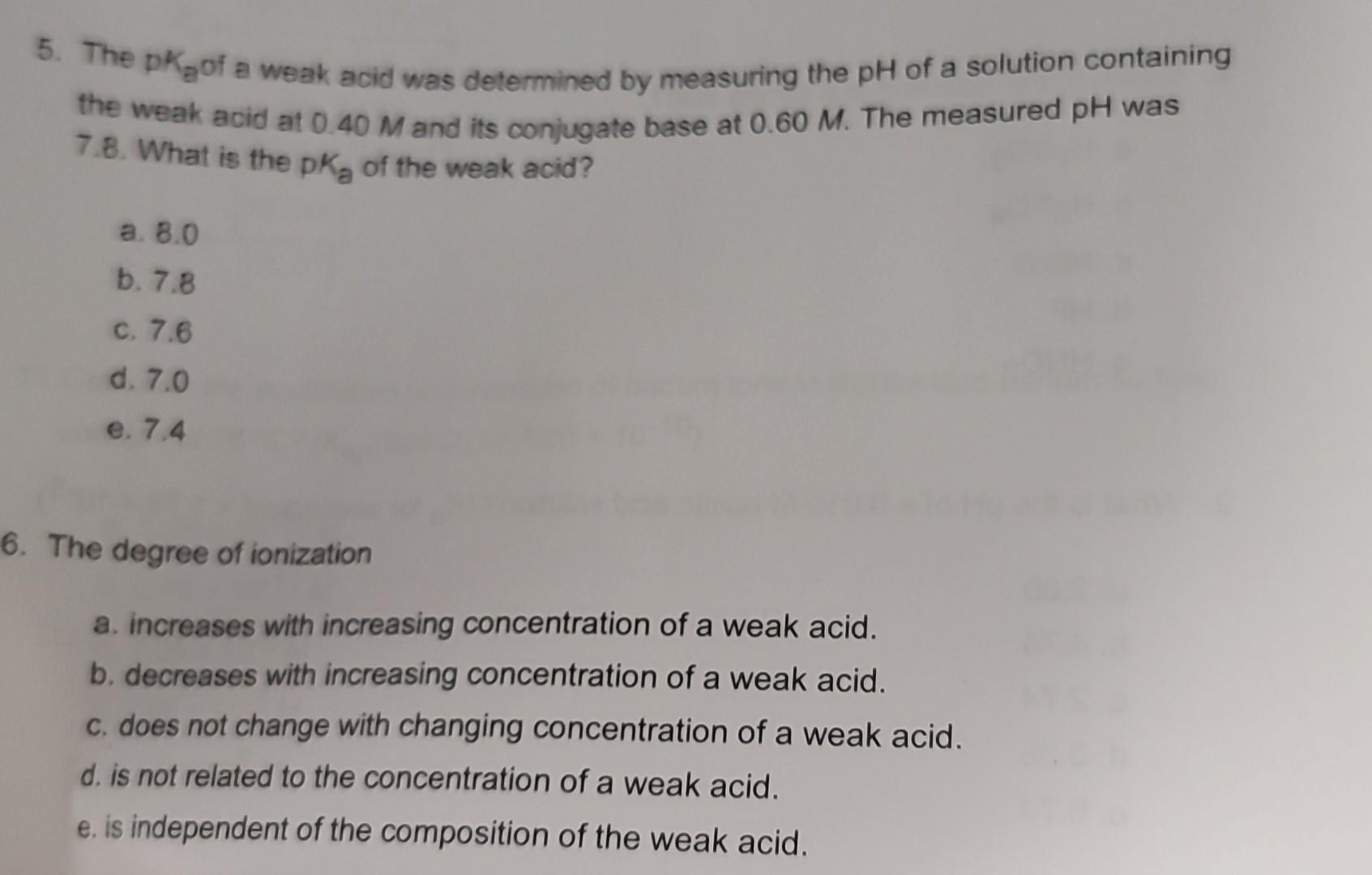 Solved 5. The pK a of a weak acid was determined by | Chegg.com