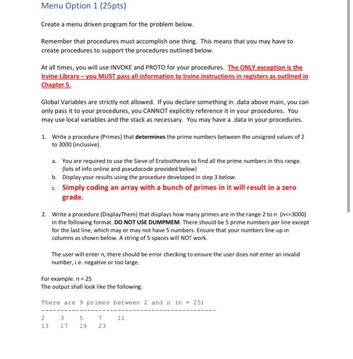 Solved Menu Option 1 (25pts) Create a menu driven program | Chegg.com