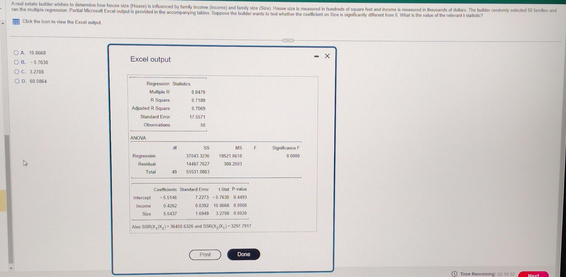 Solved Click the icon to view the Excel output A. 10.8668 B. | Chegg.com