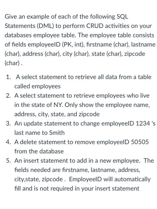 Solved Give an example of each of the following SQL | Chegg.com