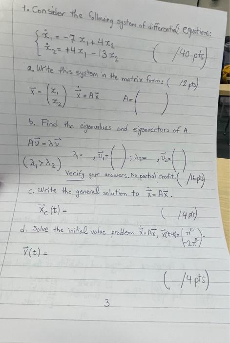 Solved {x˙1=−7x1+4x2x˙2=+4x1−13x2 difterantial equations: a. | Chegg.com