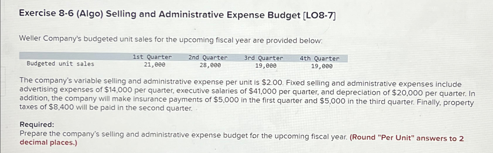 Solved Exercise 8-6 (Algo) ﻿Selling and Administrative | Chegg.com