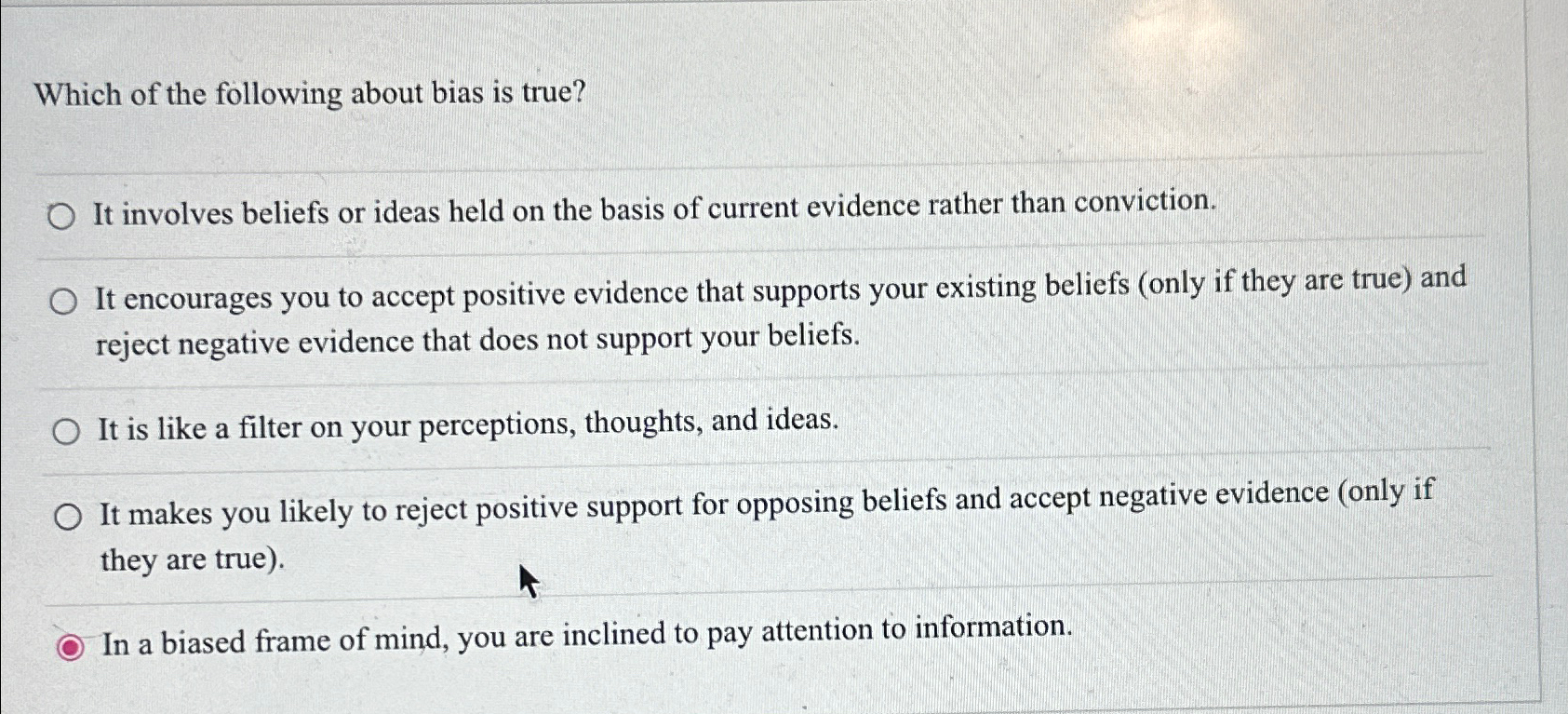 Solved Which of the following about bias is true?It involves | Chegg.com