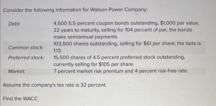 Solved Consider the following information for Watson Power | Chegg.com