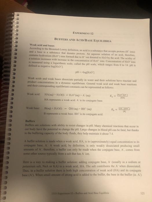 EXPERIMENT 12 BUFFERS AND ACID/BASE EQUILIBRIA Weak | Chegg.com