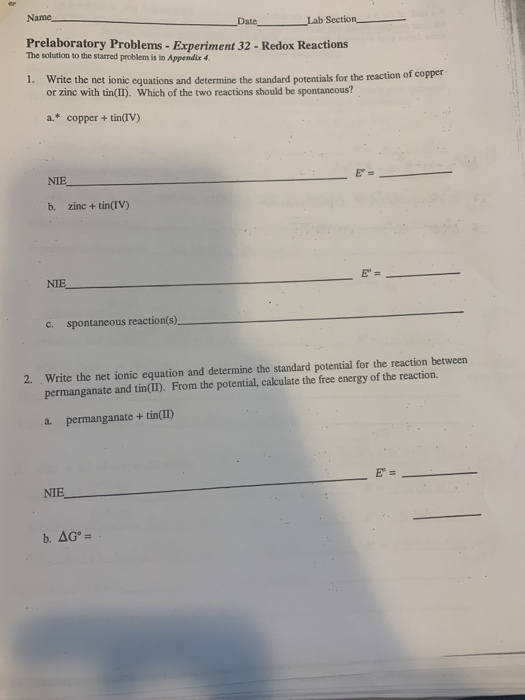 Solved Name Date _Lab Section Prelaboratory Problems - | Chegg.com