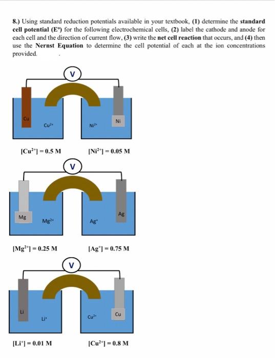Solved 8.) Using standard reduction potentials available in | Chegg.com