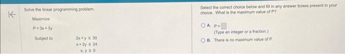 Solved Solve the linear programming problem. Solect the | Chegg.com