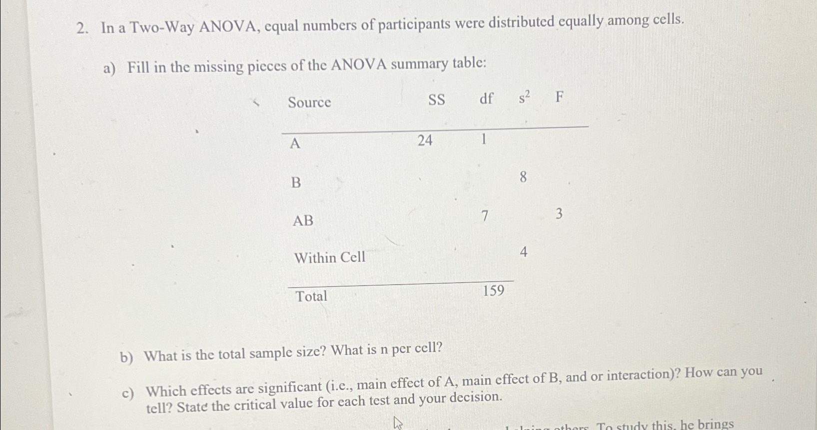 Solved In a Two-Way ANOVA, equal numbers of participants | Chegg.com