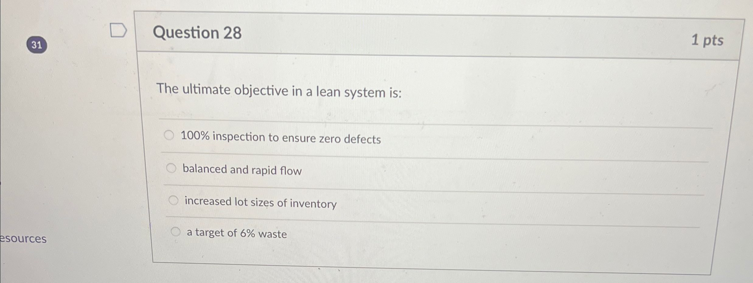 Solved 31Question 281ptsThe ultimate objective in a lean | Chegg.com