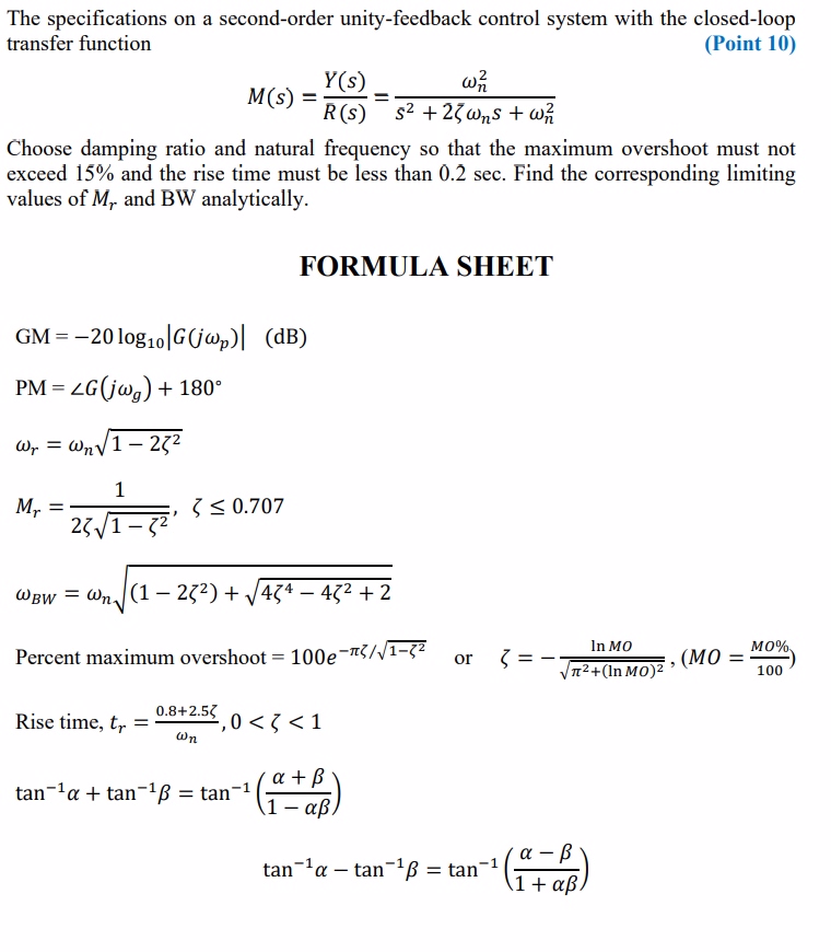 Solved The specifications on a second-order unity-feedback | Chegg.com