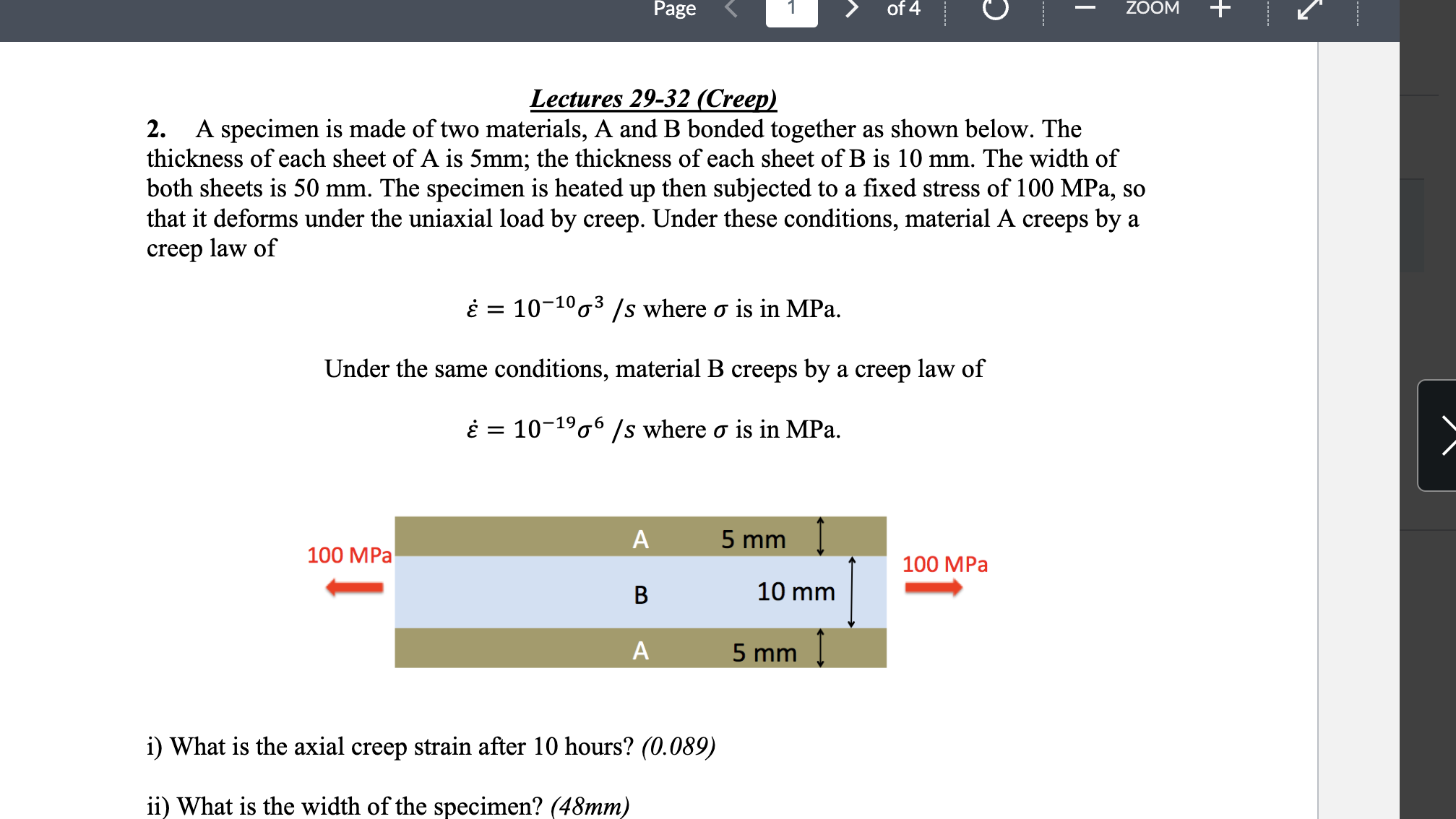 Solved Lectures 29-32 (Creep)A specimen is ﻿made of ﻿two | Chegg.com