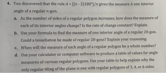 Solved 4. You discovered that the rule A = [(n - 2)180°]/n | Chegg.com