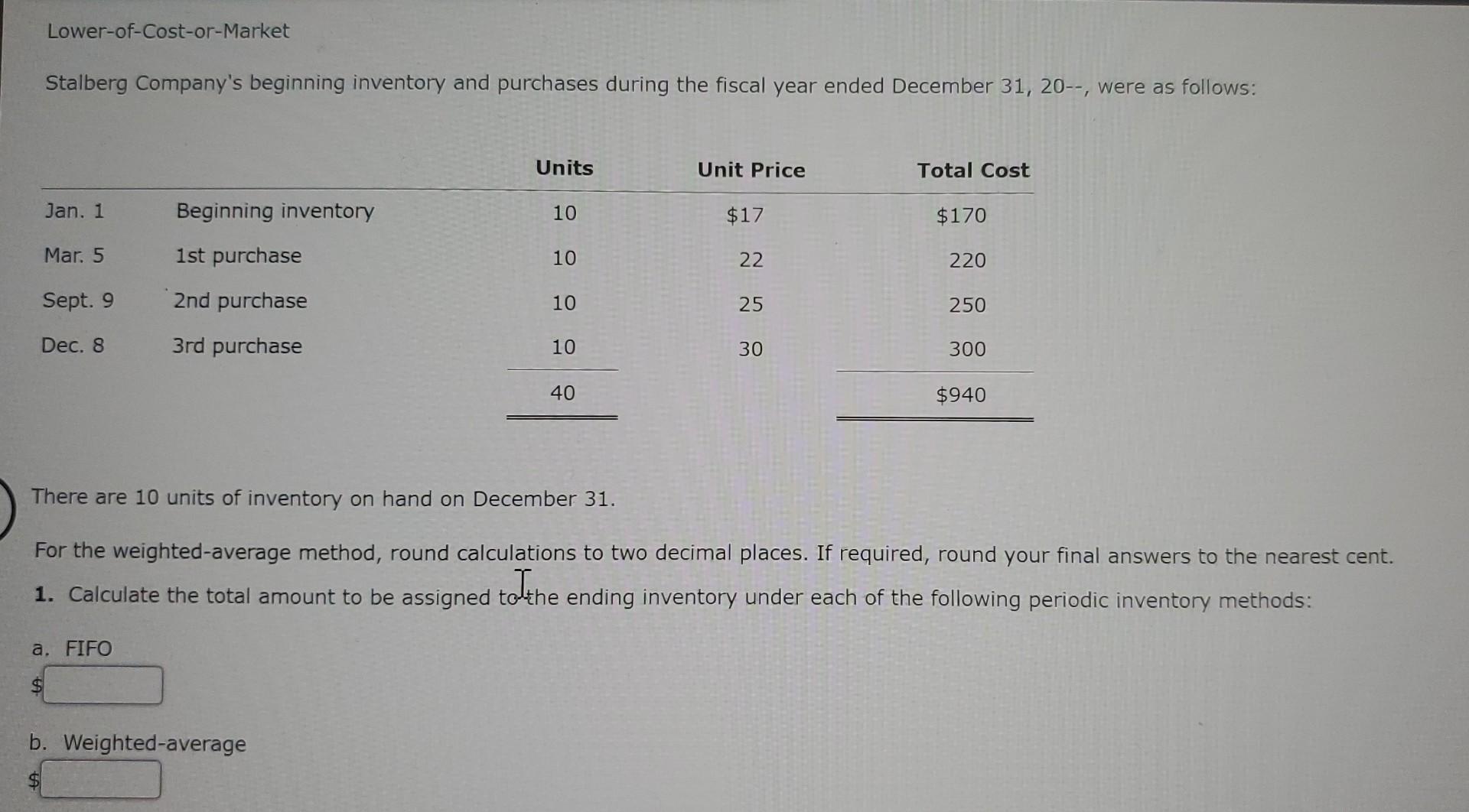 Solved Lower-of-Cost-or-Market Stalberg Company's beginning | Chegg.com