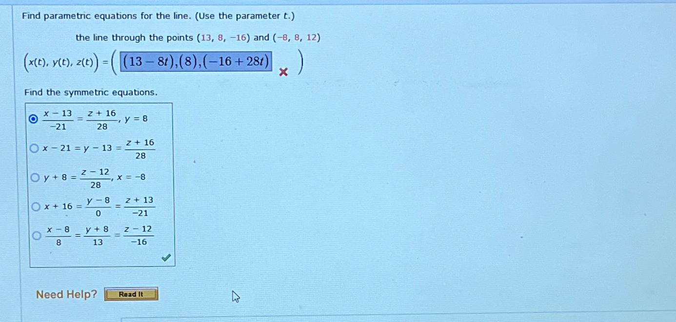 Solved Find Parametric Equations For The Line Use The