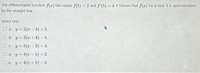 Solved The differentiable function f(x) has values f(5)=2 | Chegg.com