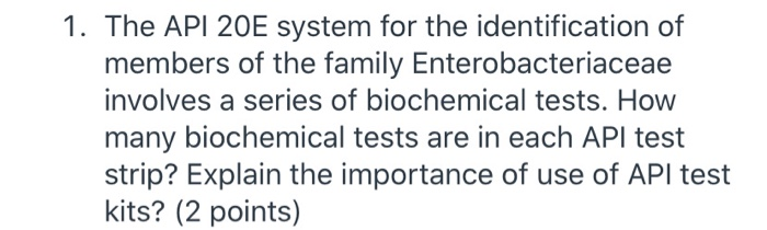 Solved 1. The API 20E system for the identification of | Chegg.com
