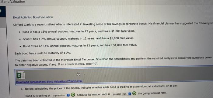 Solved -Bond Valuation Excel Activity: Bond Valuation | Chegg.com