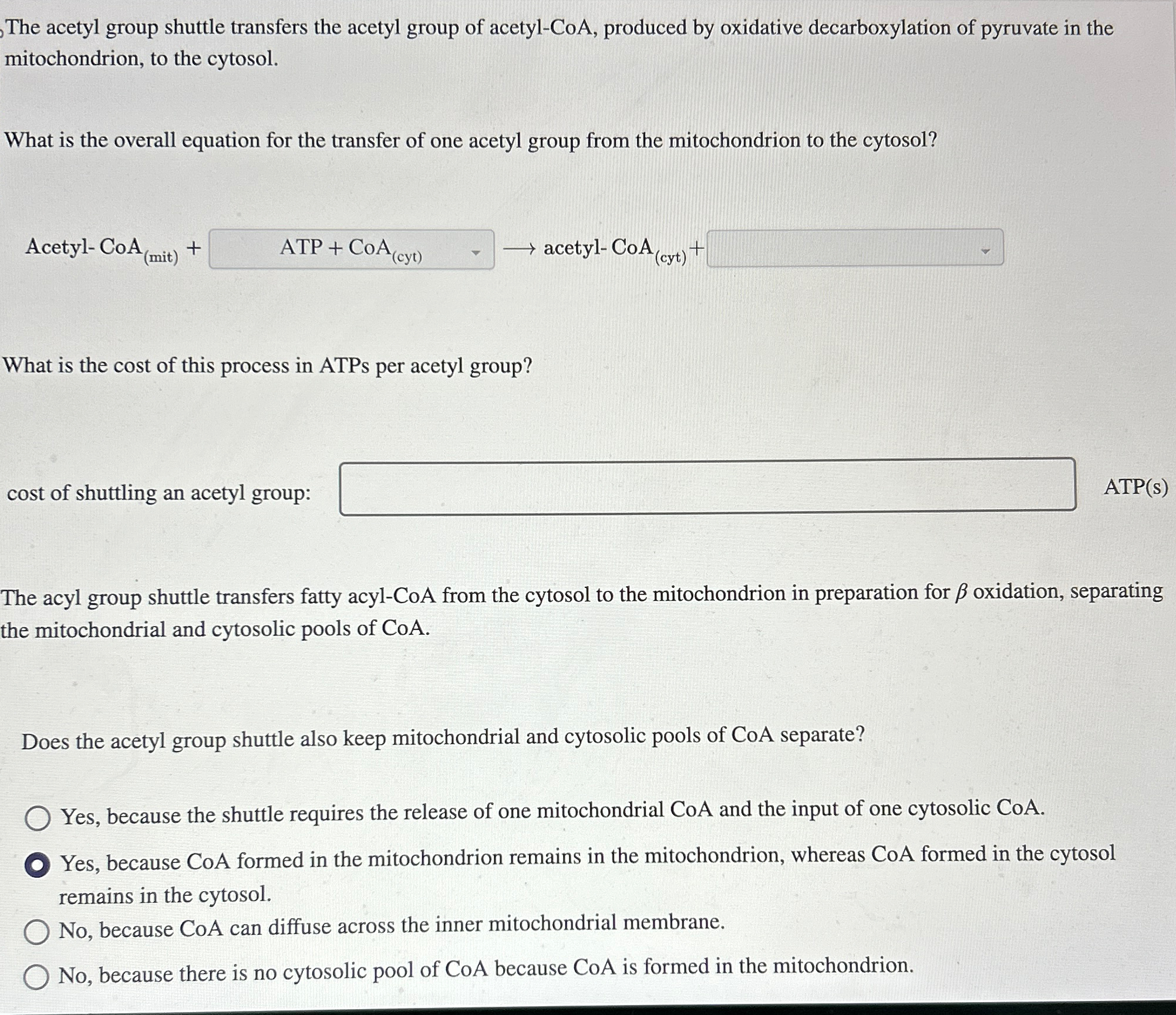 Solved The acetyl group shuttle transfers the acetyl group | Chegg.com