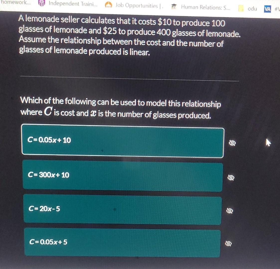 Solved my calculations c= 0.05 x 100+15 c= 0.05 x 400+15 | Chegg.com