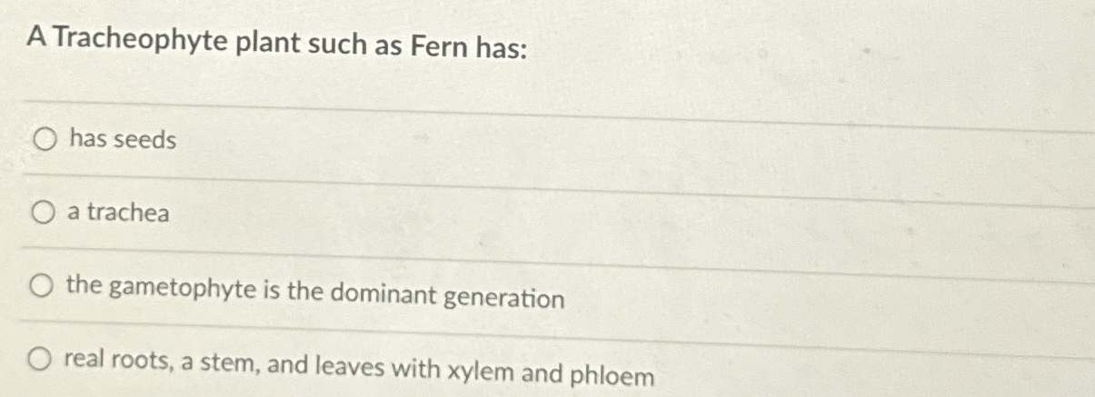 Solved A Tracheophyte plant such as Fern has:has seedsa | Chegg.com