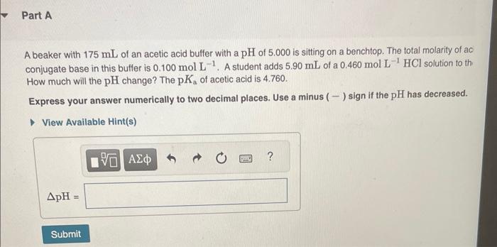Solved A beaker with 175 mL of an acetic acid buffer with a | Chegg.com