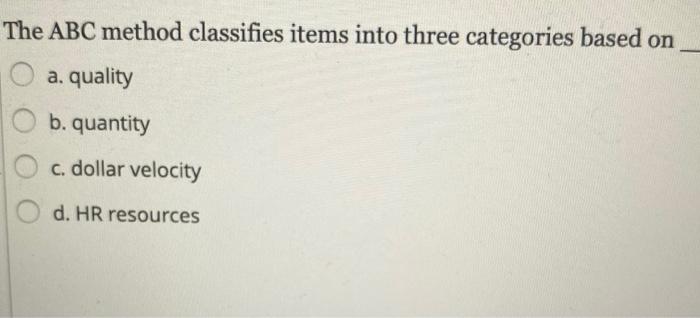 Solved The ABC method classifies items into three categories | Chegg.com
