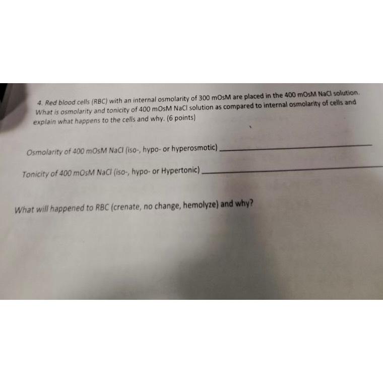 Solved Red blood cells (RBC) ﻿with an internal osmolarity of | Chegg.com