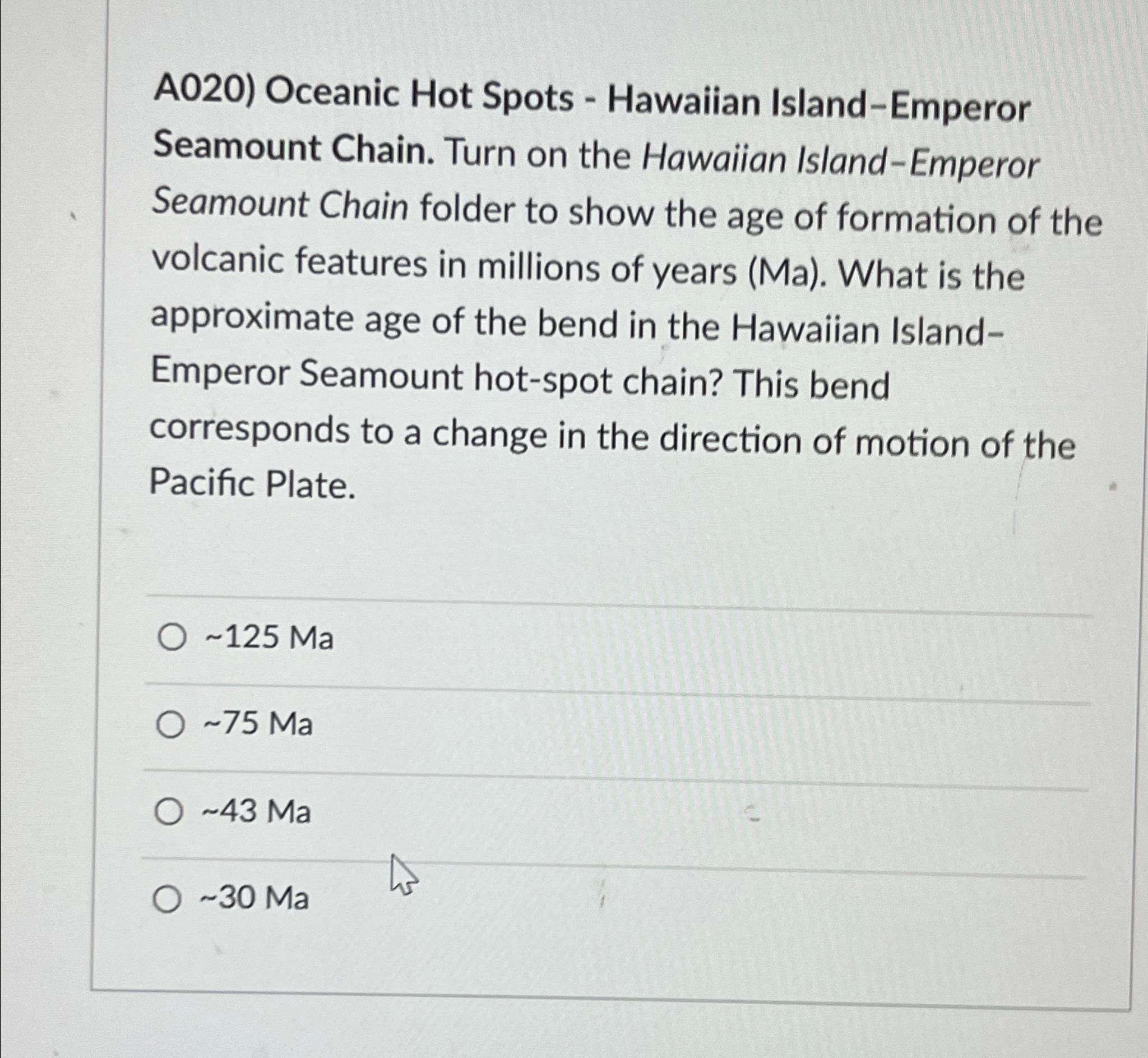 Solved A020) ﻿Oceanic Hot Spots - ﻿Hawaiian Island-Emperor | Chegg.com