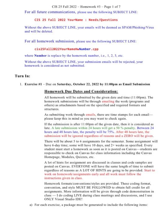 Solved CIS 25 Fall 2022 - Homework #3 - Page I of 7 For all | Chegg.com