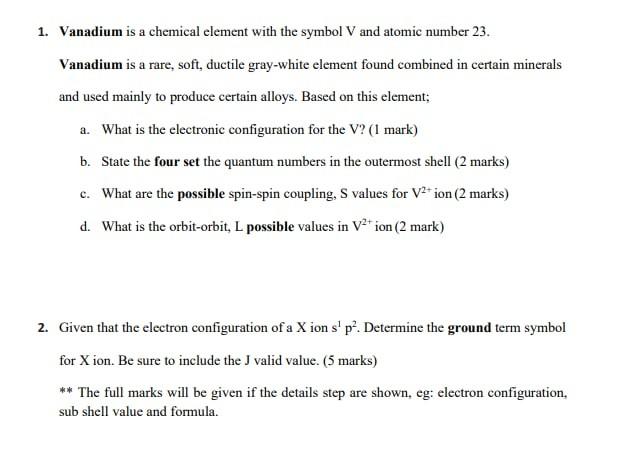 Solved 1. Vanadium is a chemical element with the symbol V | Chegg.com