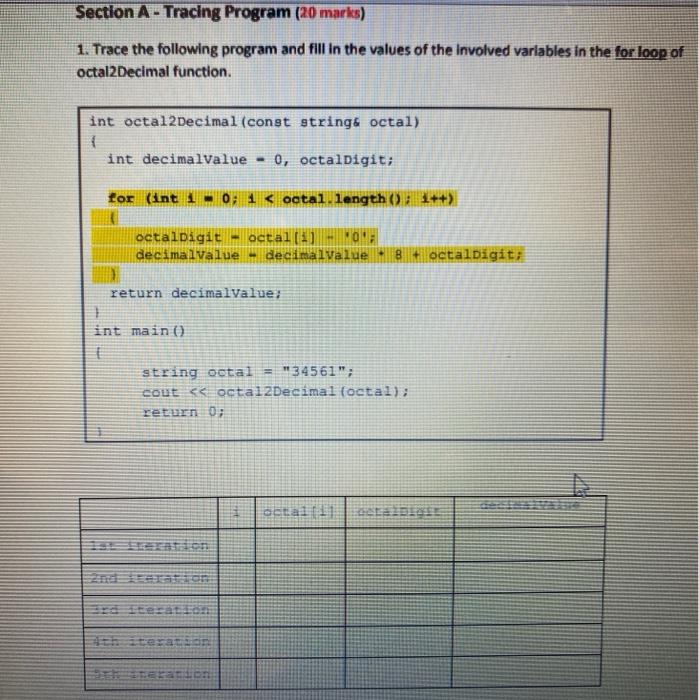 Solved Section A - Tracing Program (20 marks) 1. Trace the | Chegg.com