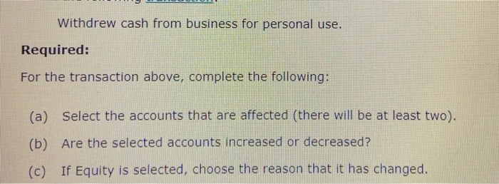 Solved Withdrew cash from business for personal use. | Chegg.com