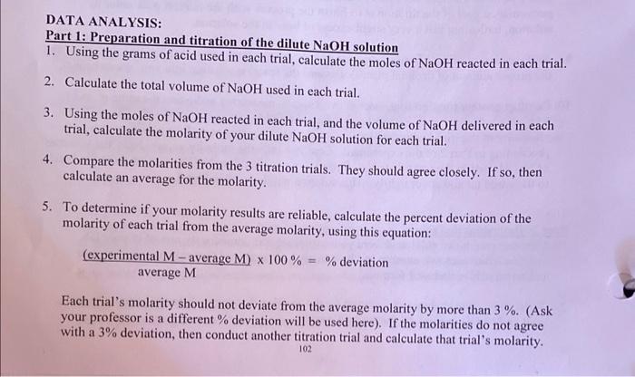 Solved DATA ANALYSIS: Part 1: Preparation and titration of | Chegg.com