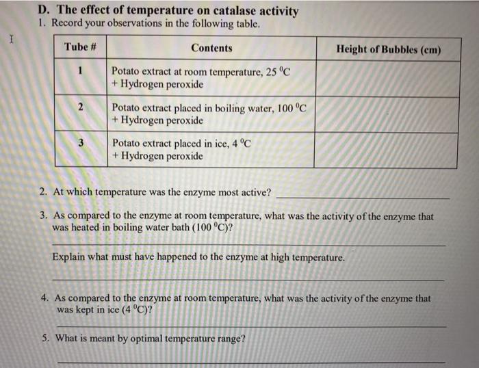 Solved D. The effect of temperature on catalase activity 1. | Chegg.com