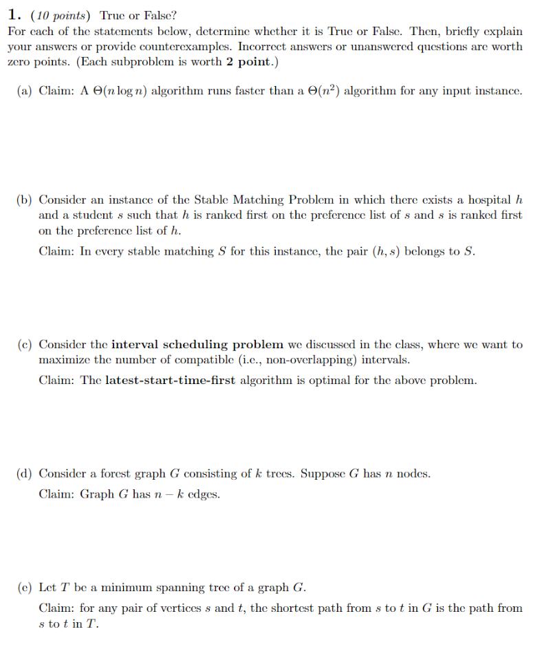 Solved (10 ﻿points) ﻿True or False?For each of the | Chegg.com