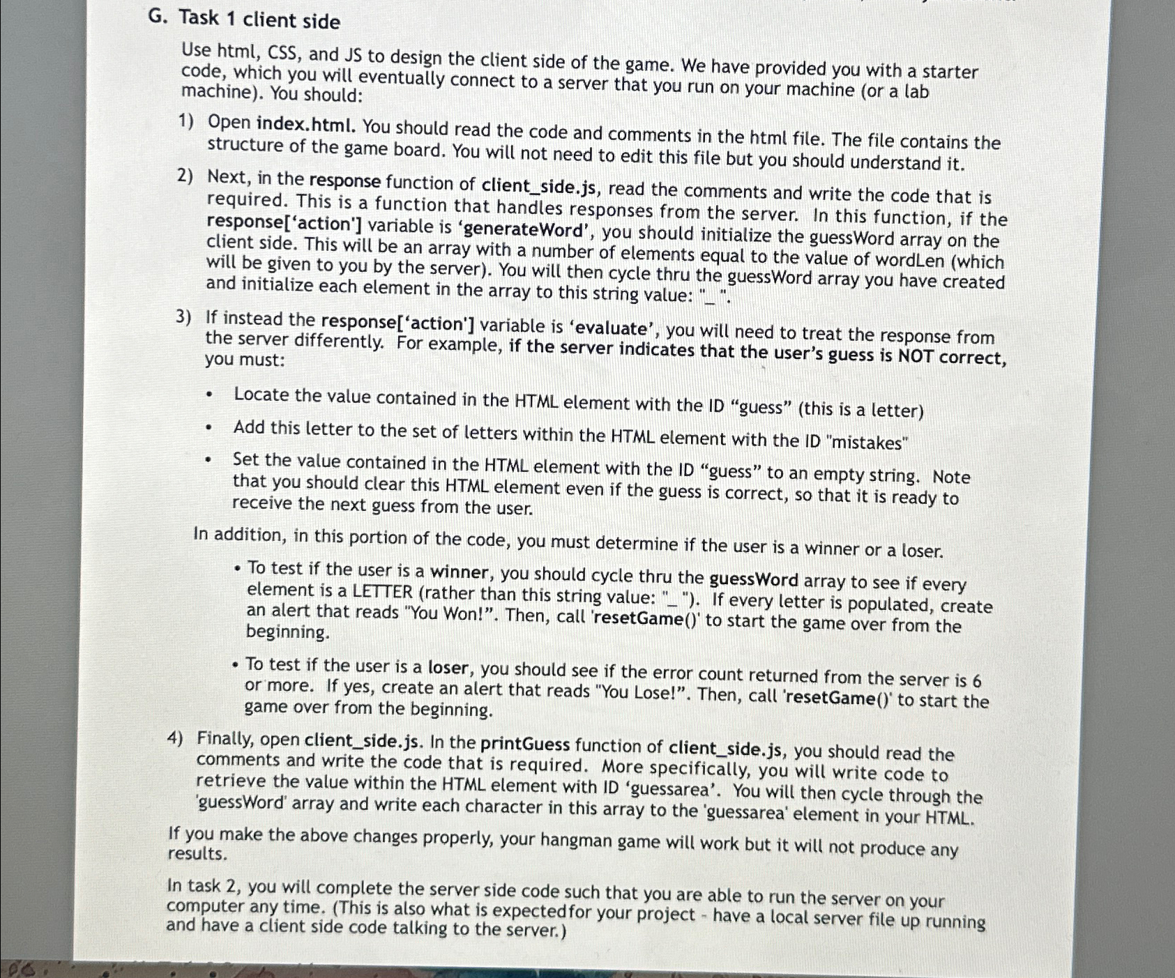 G. ﻿Task 1 ﻿client sideUse html, ﻿CSS, ﻿and JS to | Chegg.com